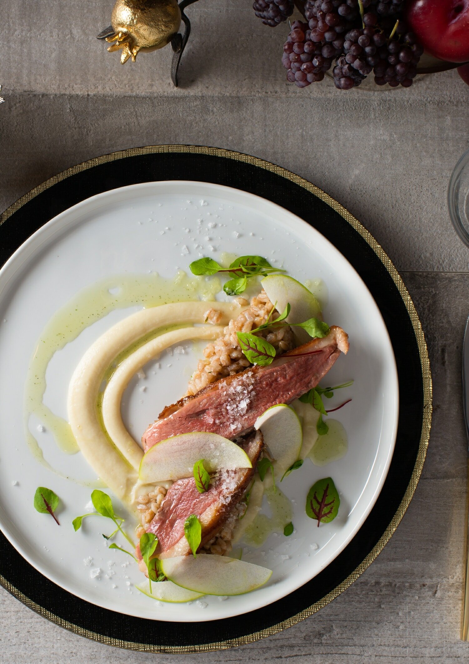 Crispy Duck Breast with Root Vegetable Cream, Farro Risotto and Sliced ...